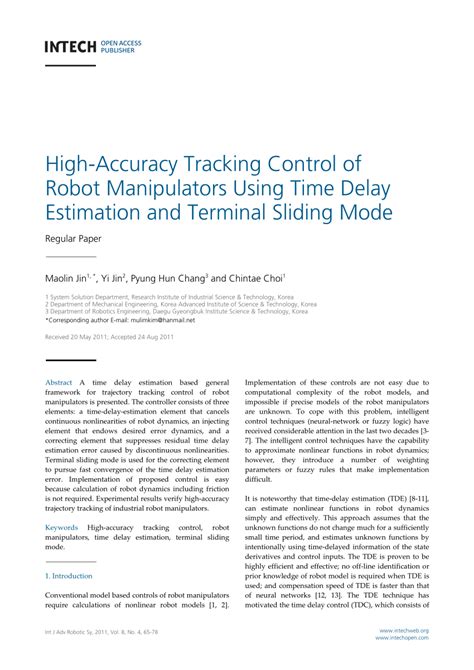 Pdf High Accuracy Tracking Control Of Robot Manipulators Using Time Delay Estimation And
