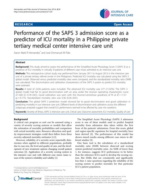 Pdf Performance Of The Saps 3 Admission Score As A Predictor Of Icu