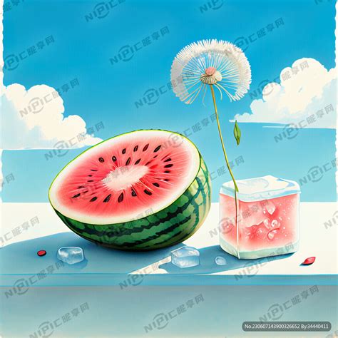 ai创作图淡蓝色的天空下放着一个桌子 桌子上有一把蒲扇 半个西瓜 画面下方是一层冰块 整体要清凉的感觉 昵图网
