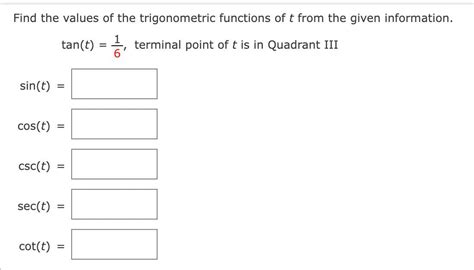 Solved Find The Values Of The Trigonometric Functions Of T Chegg Com