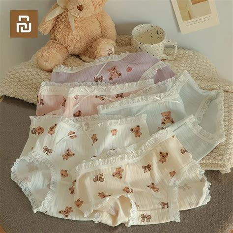 Youpin 일본식 귀여운 여성 팬티 곰 순수 코튼 가랑이 중반 허리 만화 속옷 여성 레이스 크기 M XL AliExpress