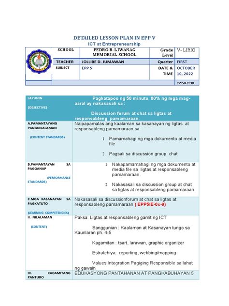 Detailed Lesson Plan In Epp 5 Nakasasali Sa Discussionforum At Chat Sa Ligtas At Responsableng