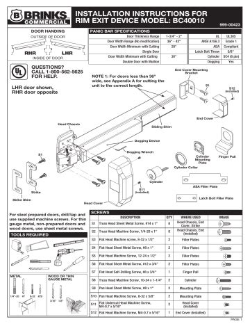 Brinks Rim Exit Device Bc40010 Installation Instructions Manualzz