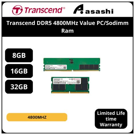 Transcend Ddr5 8gb 16gb 32gb 4800mhz Value Pcsodimm Ram Lazada