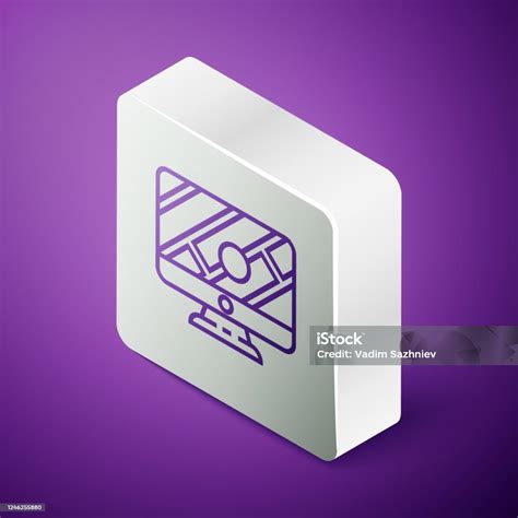 아이소메트릭 라인 컴퓨터 모니터 와 보라색 배경에 격리 위치 마커 아이콘 접힌지도 실버 스퀘어 버튼 벡터 일러스트레이션 3차원 형태에 대한 스톡 벡터 아트 및 기타 이미지