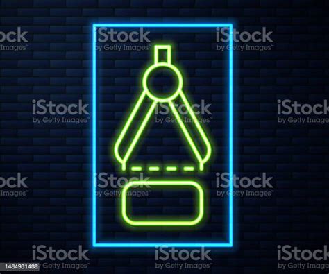 벽돌 벽 배경에 격리 된 빛나는 네온 라인 그리기 나침반 아이콘 나침반 기호입니다 드로잉 및 교육 도구 기하학적 계측기 벡터 3차원 형태에 대한 스톡 벡터 아트 및 기타