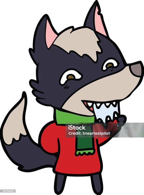 Ilustración De Lobo Hambriento De Dibujos Animados En Ropa De Invierno
