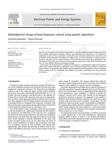Pdf Multiobjective Design Of Load Frequency Control Using Genetic