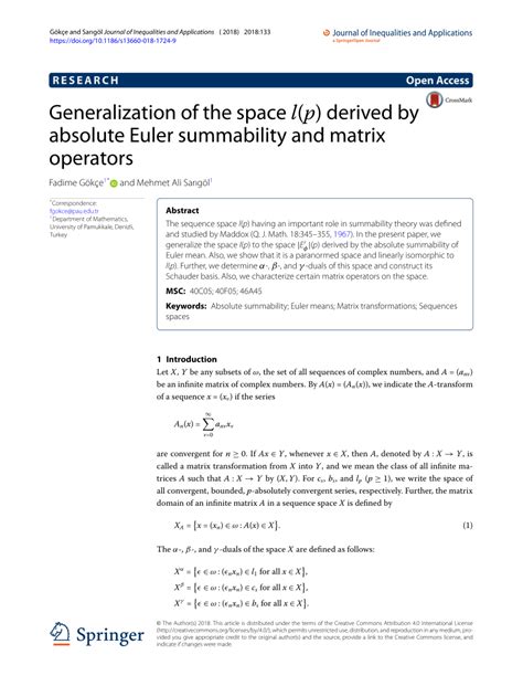 Pdf Generalization Of The Space Lp Derived By Absolute Euler Summability And Matrix