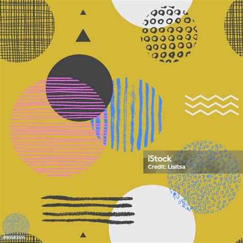 원 삼각형 및 다양 한 색상과 겨자 노란색 배경에 질감의 라인을 형상 완벽 한 패턴입니다 세련 된 추상적인 배경 막입니다 벡터