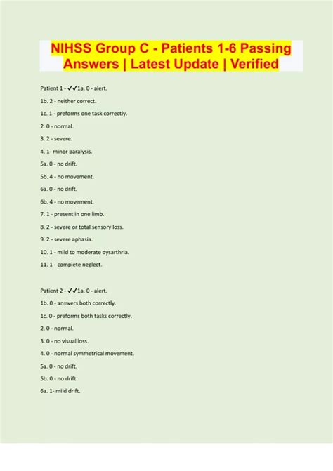 NIHSS Group C Patients 1 6 Passing Answers Latest Update Verified NIH Stroke Scale