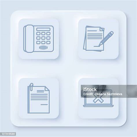 지우개 파일 문서 및 종이 클립 노트북및 화면에 크로스 마크라인 전화 빈 노트북 및 연필을 설정합니다 흰색 정사각형 버튼 벡터 개념에 대한 스톡 벡터 아트 및 기타 이미지