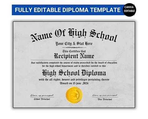 Printable High School Diploma Template Customizable Replica Instant