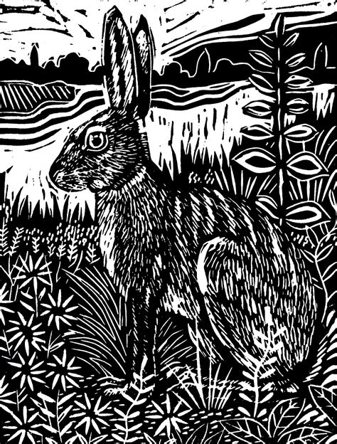 Hare Lino Print In Black And White Etsy