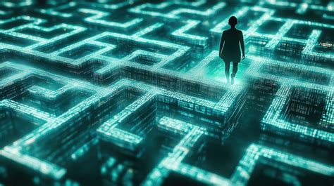 A Figure Navigating A Digital Maze Symbolizing Challenges In Technology And Data Premium Ai