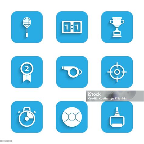 세트 휘파람 축구 공 Tpx 루프 훈련 장비 대상 스포츠 스톱워치 메달 수상 컵 과 테니스 라켓 아이콘 벡터 건강한 생활방식에