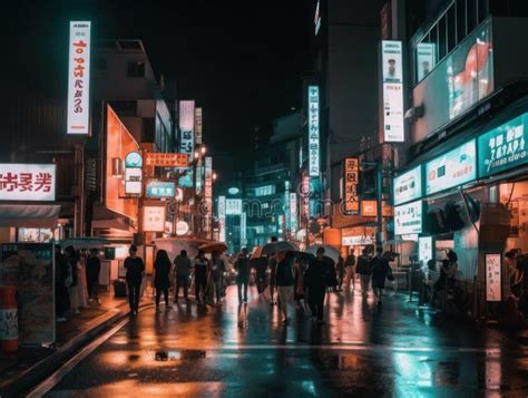 A Group Of People Walking Down A Street At Night Ai Generative Image
