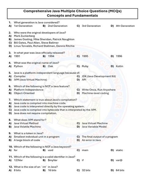 Comprehensive Java Multiple Choice Questions 1 Pdf Java Programming Language Java