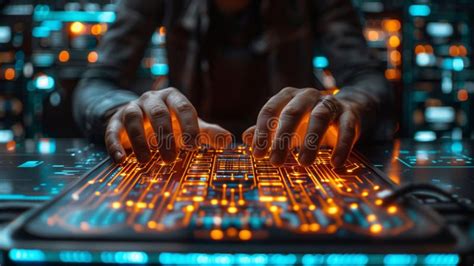 Close Up Of Hands Typing On A Futuristic Keyboard In A Server Room