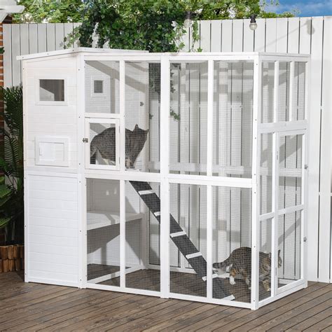 Pawhut 687 H Cat Cage Large Wooden Outdoor Cat House With Large Run