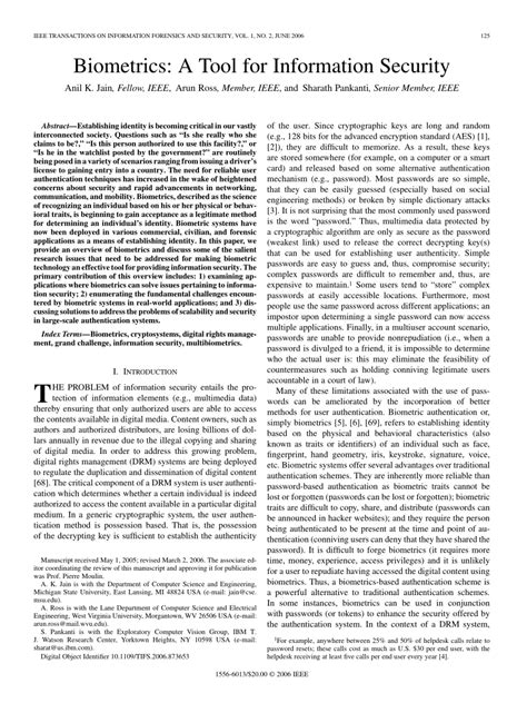 (PDF) Biometrics: a tool for information security. IEEE Tran Inform ...