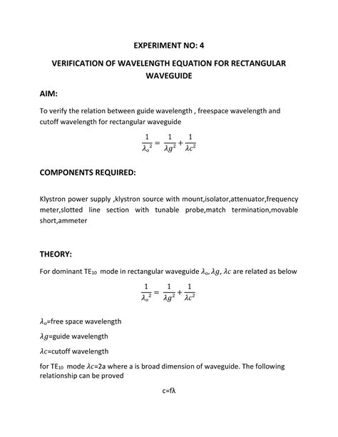 Lab Manual 22 25 Experiment No 4 Verification Of Wavelength Equation For Rectangular