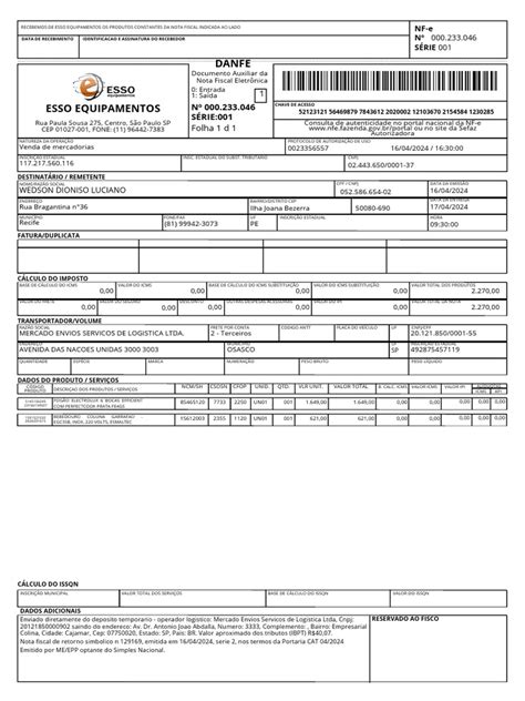 Wedson Dioniso Luciano Nota Fiscal Esso Equipamentos Pdf Recibo