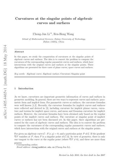 Pdf Curvatures At The Singular Points Of Algebraic Curves And Surfaces