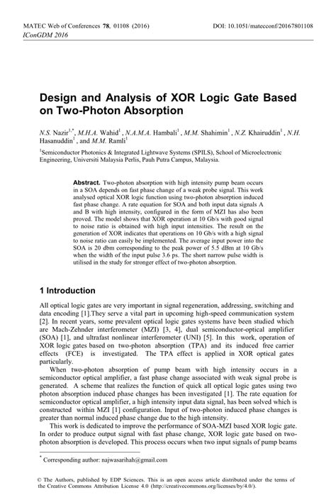 pdf design and analysis of xor logic gate based on two photon absorption
