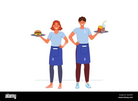Happy Waiters From Fast Food Restaurant Work Together To Deliver Customers Order Stock Vector
