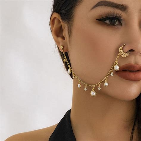 Nose Chain Jewelry Ethnic Style Star Leaf Faux Pearl Tassel Chain Nose