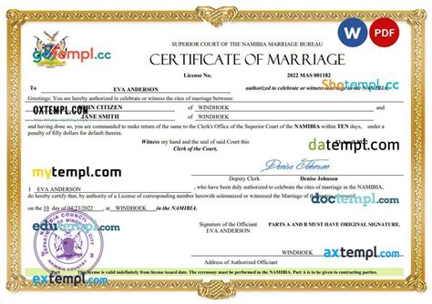 Namibia Marriage Certificate Word And Pdf Template Fully Editable By