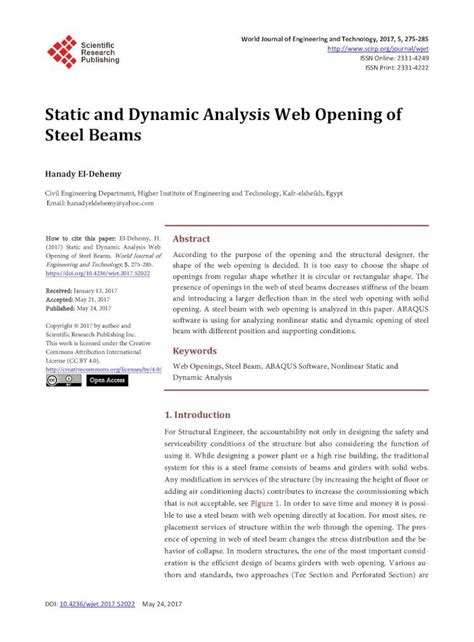 Pdf Static And Dynamic Analysis Web Opening Of Steel Beams Beam With And Without Web Opening