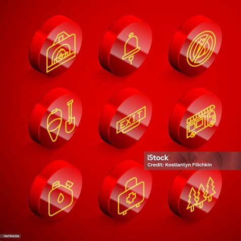 세트 라인 내부 벽난로 울리는 알람 벨 아니 화재 삽과 양동이 출구 트럭 캐니스터 연료 및 응급 처치 키트 아이콘 벡터 3차원 형태에 대한 스톡 벡터 아트 및 기타 이미지