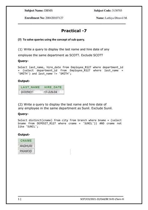 Sub Query Of Dbms Enrollment No Name Lathiya Dhruvil M Studocu