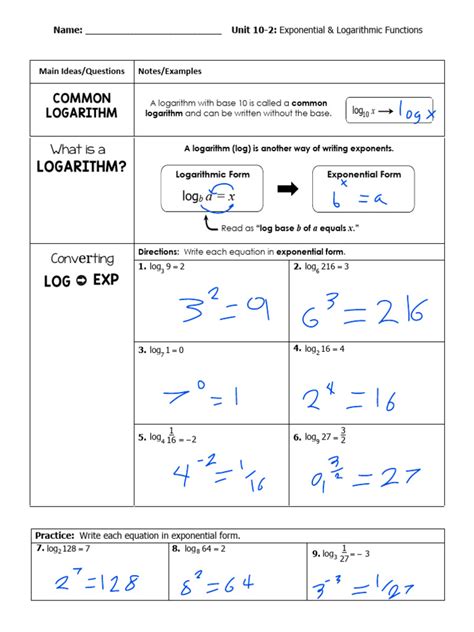Unit 10 2 Notes Pdf Exponential Function Logarithm
