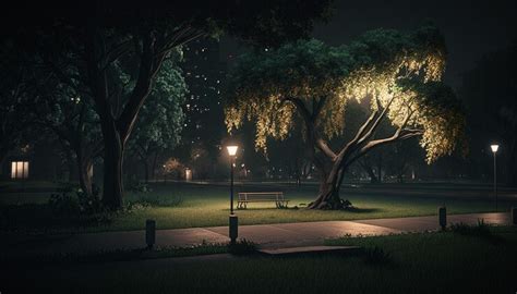 Premium Photo A Park With A Bench And Trees Lit Up At Night