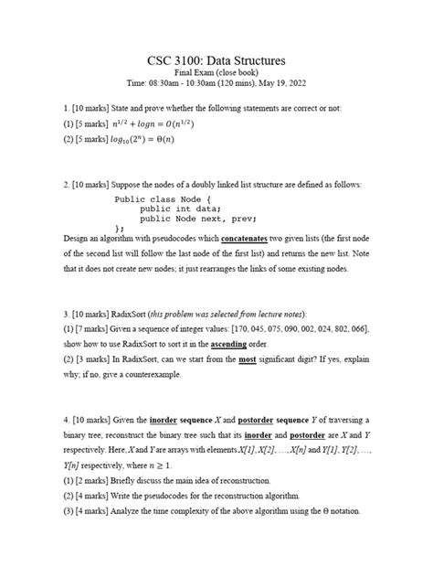 Final Exam Paper Csc3100 Data Structures Pdf Algorithms And Data