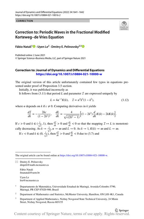 Correction To Periodic Waves In The Fractional Modified Kortewegde Vries Equation Request Pdf
