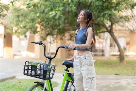 Smile Asian Woman Lifestyle Using Bike In Summer Travel Eco Friendly Stock Image Image Of
