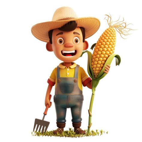 Smiling Cartoon Farmer Holding Corn On White Background Premium Ai