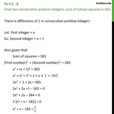 ex 4 2 4 find two consecutive positive integers sum of squares 365