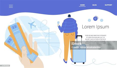 손으로 티켓을 들고 남자 승객이 비행기에 탑승하기를 기다리는 웹 사이트의 방문 페이지 그는 비행기 여행에 가고 싶어합니다 가공의 인물에 대한 스톡 벡터 아트 및 기타 이미지