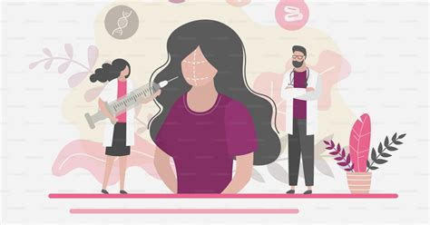 히알루 론산으로 화장품 주입 Mesotherapy 아름다움 여자 얼굴입니다 남자 의사가 지시하고 간호사가 주사기를 들고 있습니다 의료 미용 절차 개념 배경 벡터