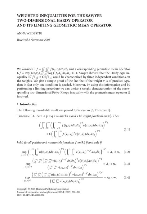 Pdf Weighted Inequalities For The Sawyer Two Dimensional Hardy