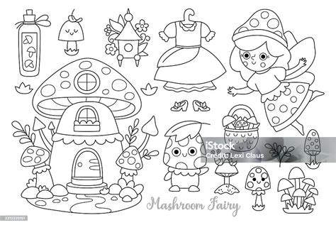 벡터 흑인과 백인 버섯 요정 클립 아트 Set 귀여운 소녀 라인 아이콘입니다 우드 랜드 공주 컬렉션 판타지 동화 속 숲 그림 바구니 집 물약이 있는 마법의 생물 색칠 공부