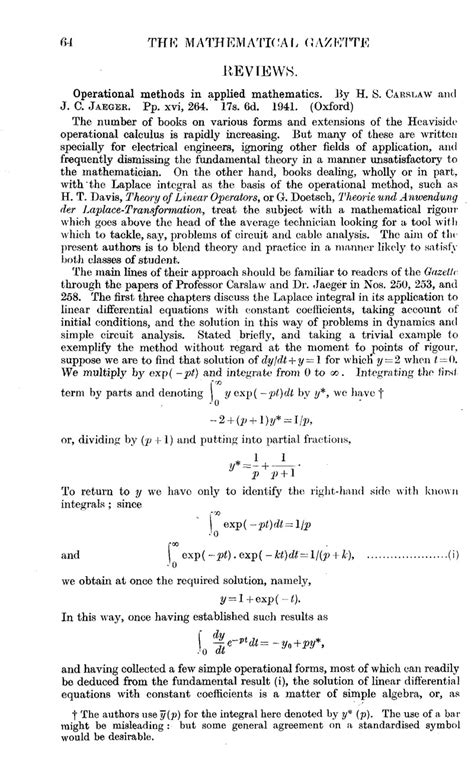 Operational Methods In Applied Mathematics By H S Carslaw And J C Jaeger Pp Xvi 264 17s