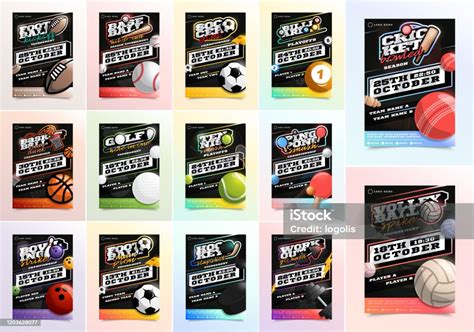 스포츠 전단지 광고 메가 세트 벡터입니다 아이스 하키 농구 테니스 축구 체육관 당구 볼링 축구 엠블럼 로고 스포츠 바 프로모션 템플릿에 대한 디자인 A4 크기 챔피언십