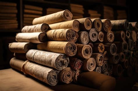 Premium Ai Image Pile Of Scrolls Stacked Neatly In Library Generative Ai