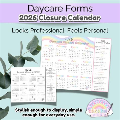 Editable 2026 Daycare Closure Calendar Template One Page Pdf